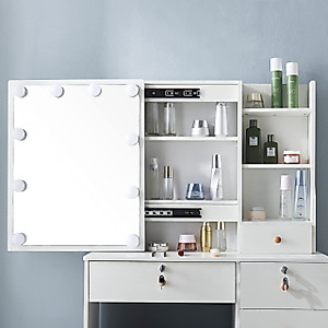 Buildonely Makeup Vanity Set with Mirror and Lights, Hollywood Vanity Desk with 4 Drawers and Display Shelves for Storing Items, Dressing Table with Soft Stool for Girls