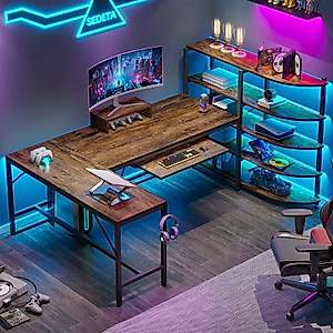 SEDETA L Shaped Computer Desk, 65'' Office Desk with Keyboard Tray & LED Light, L Shaped Desk with Storage Shelves and Monitor Stand for Home Office, L Desk, Rustic Brown