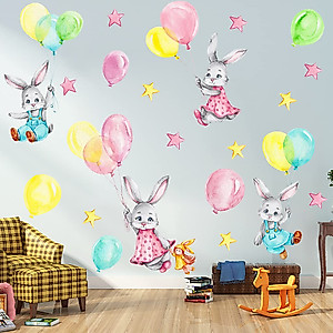 SITAKE Wall Stickers for Kids, Cute Bunny and Balloon Wall Decals, Animal Wall Stickers and Murals, Rabbit Wall Stickers for Girls' Bedroom Nursery Living Room Playroom (Bunny Balloon)