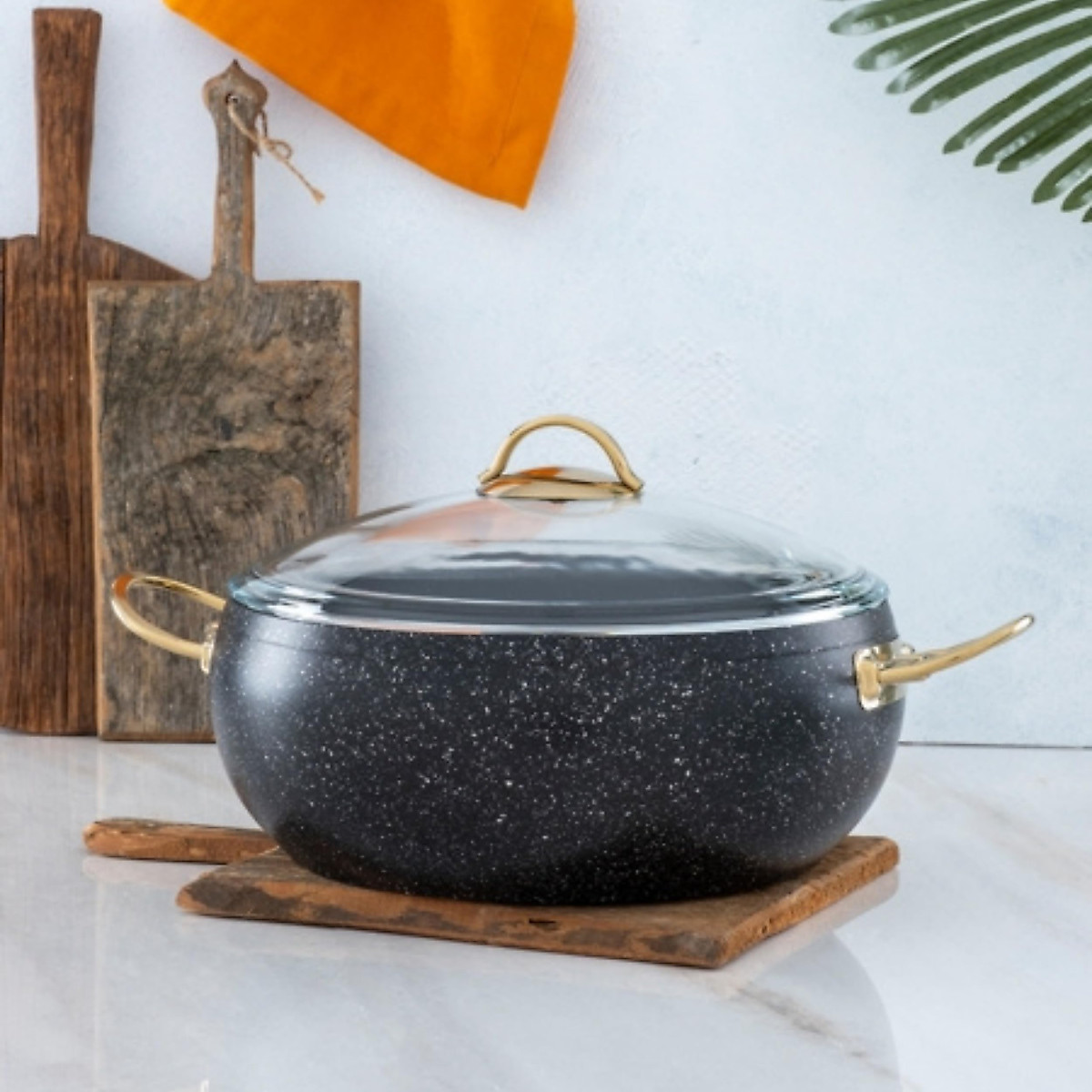 Acar Nostalgia Black Deep Pot, Nonstick Pasta Pot/Stockpot/Stock Pot with Glass Lid, Pots and Pans, Dishwasher Safe Black, Stainless Stylish Handles. Four Different Size Nonstick Pot (24 cm)