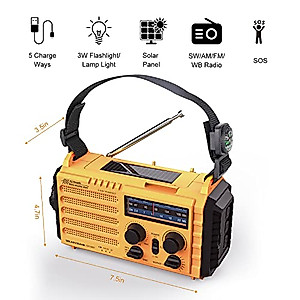 Weather Radio Raynic 5000 Solar Hand Crank Emergency Radio 5 Ways Powered AM/FM/SW/NOAA Weather Alert Portable Radio with Flashlight, Reading Lamp (Yellow)