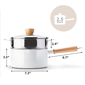 Rockurwok Ceramic Nonstick Sauce Pan, 2.5 Qt Pot With Steamer, Non Toxic Pfas-Free Saucepan, Small Pot Pouring Spout & Wooden Handle For Cool Touch, Universal Base(Gas, Electric & Induction), White