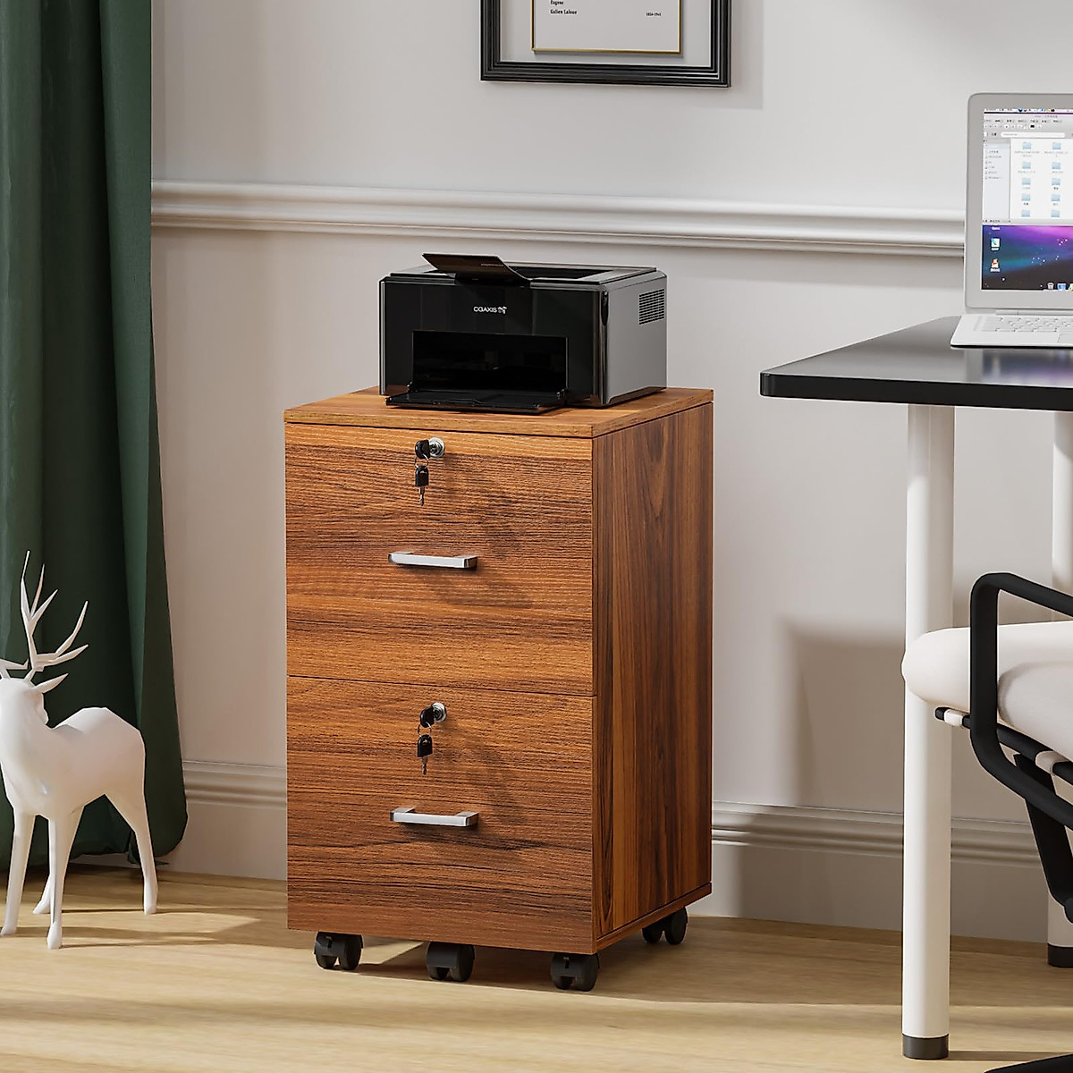 VINGLI 2-Drawer Rolling File Cabinet with Lock, Wood Mobile Filing Cabinet for Hanging Letter Size Filings Under Desk File Cabinet for Home Office, Assembly Required, Classic Walnut, 26.5" H