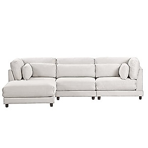 WILLIAMSPACE 110" Sectional Sofa Couch for Living Room, Modern L-Shape Sofa with Convertible Ottoman, Upholstered Modular Sofa with 4 Waist Pillows, Beige