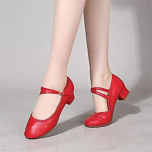 Women's Latin Dance Shoes Strappy Party Ballroom Character Shoes Low Heel Soft Bottom,Red,7