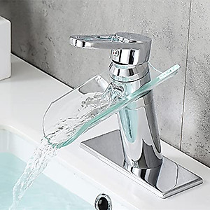 WINDALY Waterfall Bathroom Faucet, Single Hole Glass Spout Bathroom Faucet, Single Handle Solid Brass Bathroom Vanity Faucet with Deck Plate, Chrome (Glass)