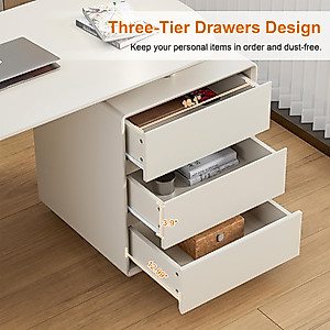 Qulomvs Computer Desk, 55inch Home Office Desk with Drawers and Storage Shelves, Cream White Desk Modern Simple Style Laptop Desk, Work Study Writing Table Workstation for Home Office
