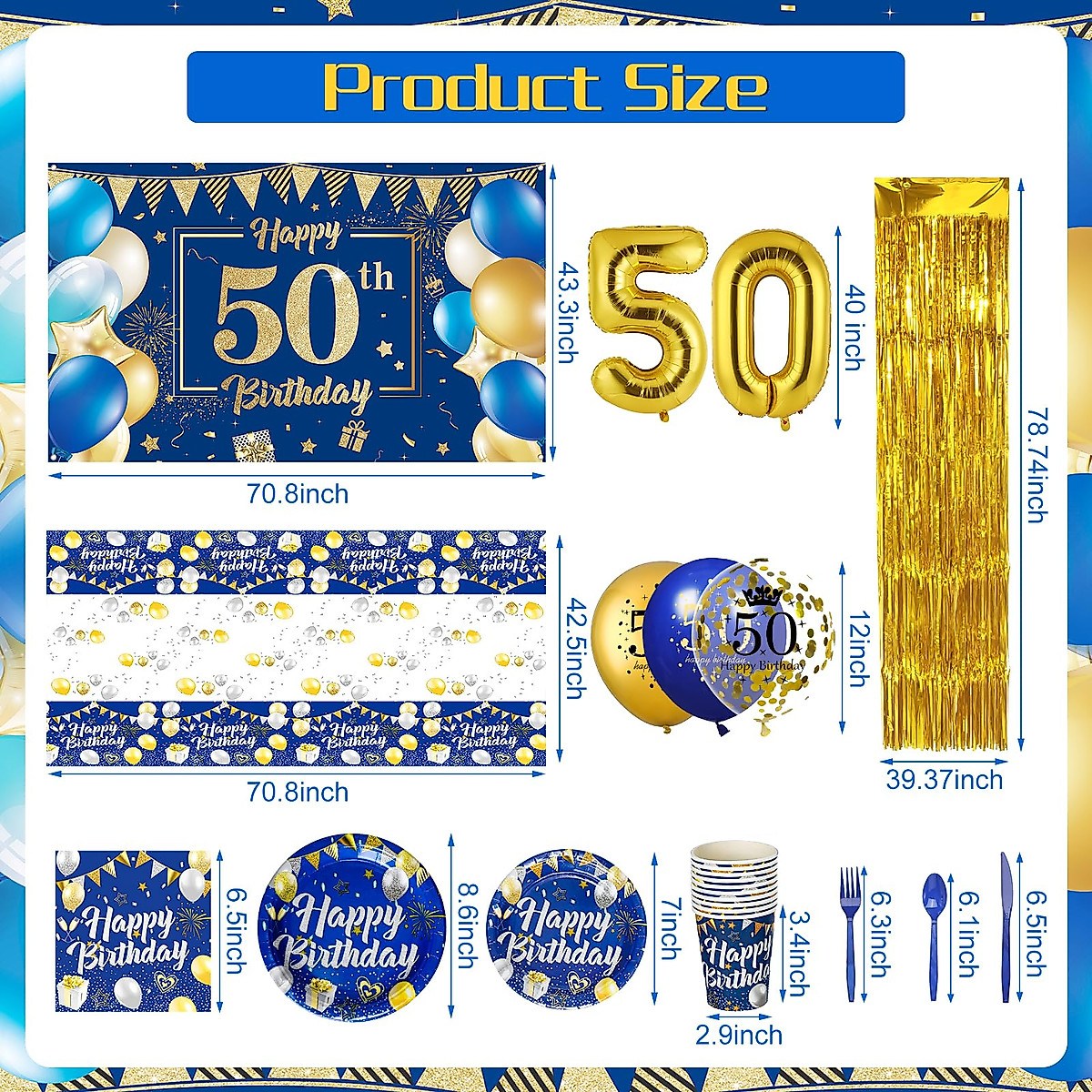 105Pcs Blue Gold 50th Birthday Decorations for Men Includes Navy Blue Happy 50th Birthday Banner 50th Birthday Balloons Gold Foil Fringe Curtains Tableware Set for 50th Birthday Party Supplies