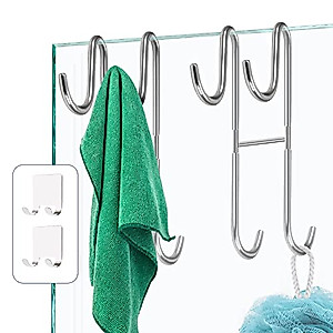 Lefcen Shower Door Hooks, Over The Shower Towel Hook, Shower Hooks for Towels, Towel Hooks for Frameless Glass Shower Door, Stainless Steel, Silver, 2 Pack
