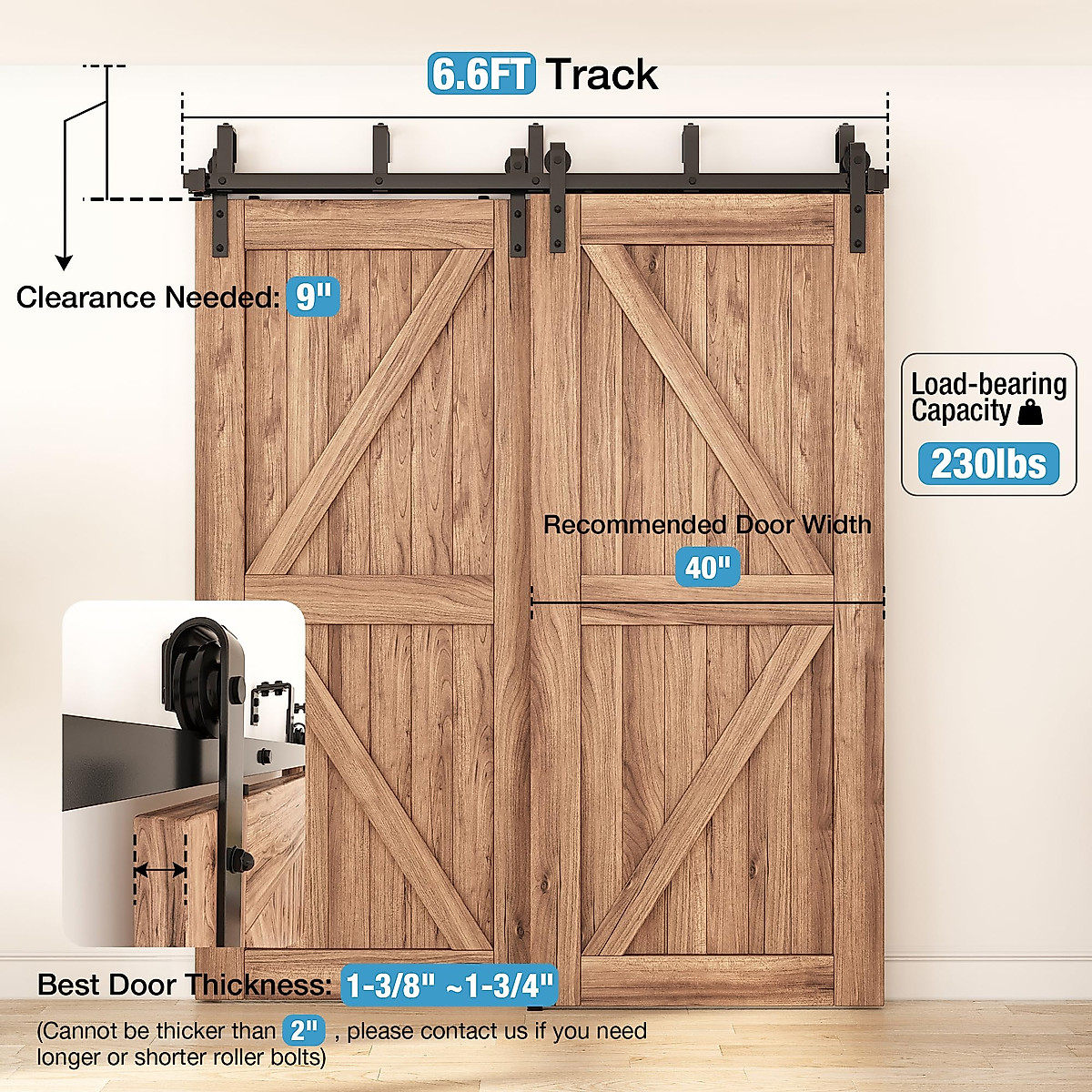 ZEKOO 6.6 FT Double Track Bypass Barn Door Hardware Kit Low Ceiling Wall Mount for Closet Double Wooden Doors (6.6FT Bypass kit)