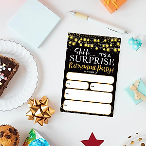UDNADKEX Retirement Party Invitations for Women Men with Envelopes, Invites for Retired Surprise Party Black Gold, String Lights Glitter Elegant, 4"x6" Set of 20