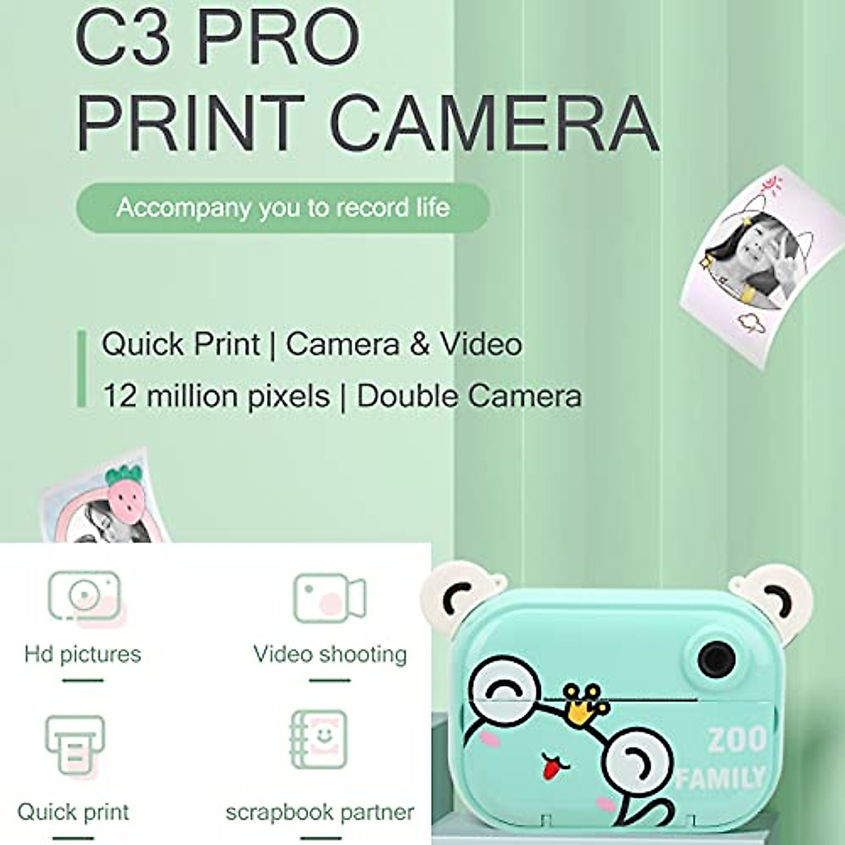 Vbestlife Digital Instant Print Camera, HD 1080P 12MP Camera 2.4'' Screen Digital WiFi Camera Toy with APP Printing, for Kids Children Presents