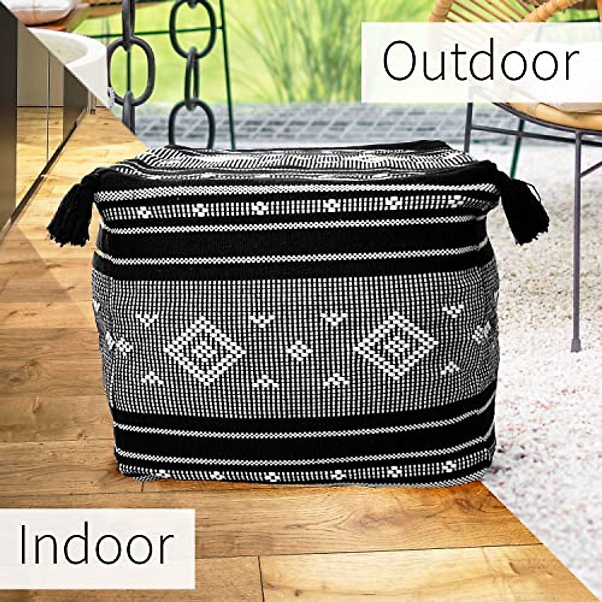 LEGACI Terrace Pouf Ottoman Outdoor Stuffable Footrest Cushion Ottoman Pouf Cover Unstuffed Storage Pouf with Multiple Filling Options Stuffable Ottoman Black and White Pouf Ottoman 18"x18"x16"