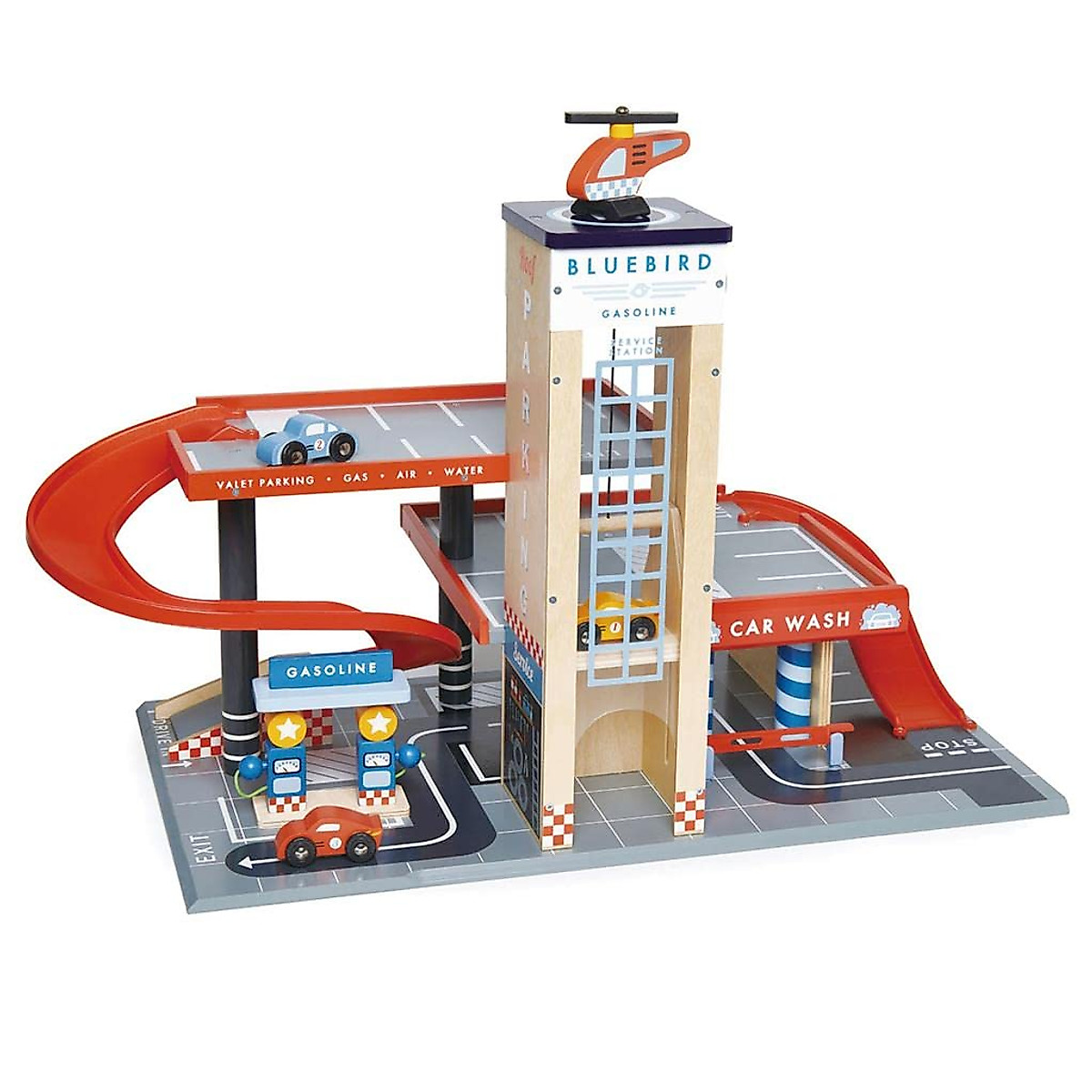 Tender Leaf Toys - Blue Bird Service Station - Classic Wooden Garage and Service Station for Cars and Helicopter with Ramps, Petrol Pumps and Car Wash Center - Imaginary and Roleplay for Children 3+