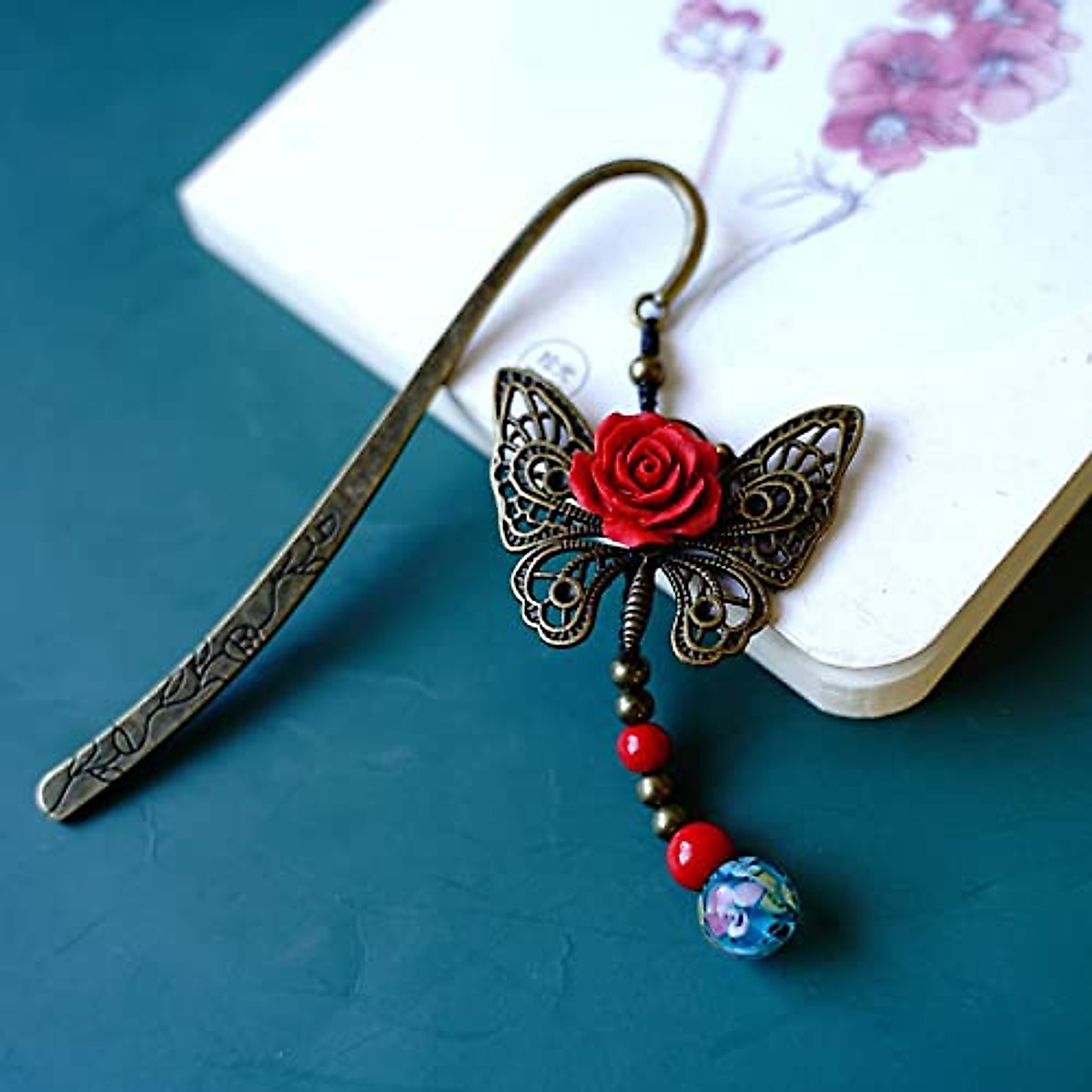 YIRUZWRD Classic Metal Bookmark Rose Flower Butterfly Design Bead Pendant Beading Bookmark