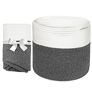 Rope Storage Basket with Handles Large, Cotton Woven Blanket Basket Nursery Hamper Bin, 16" x 16" x 14" Organizer for Toys, Laundry, Books and Baby Blankets