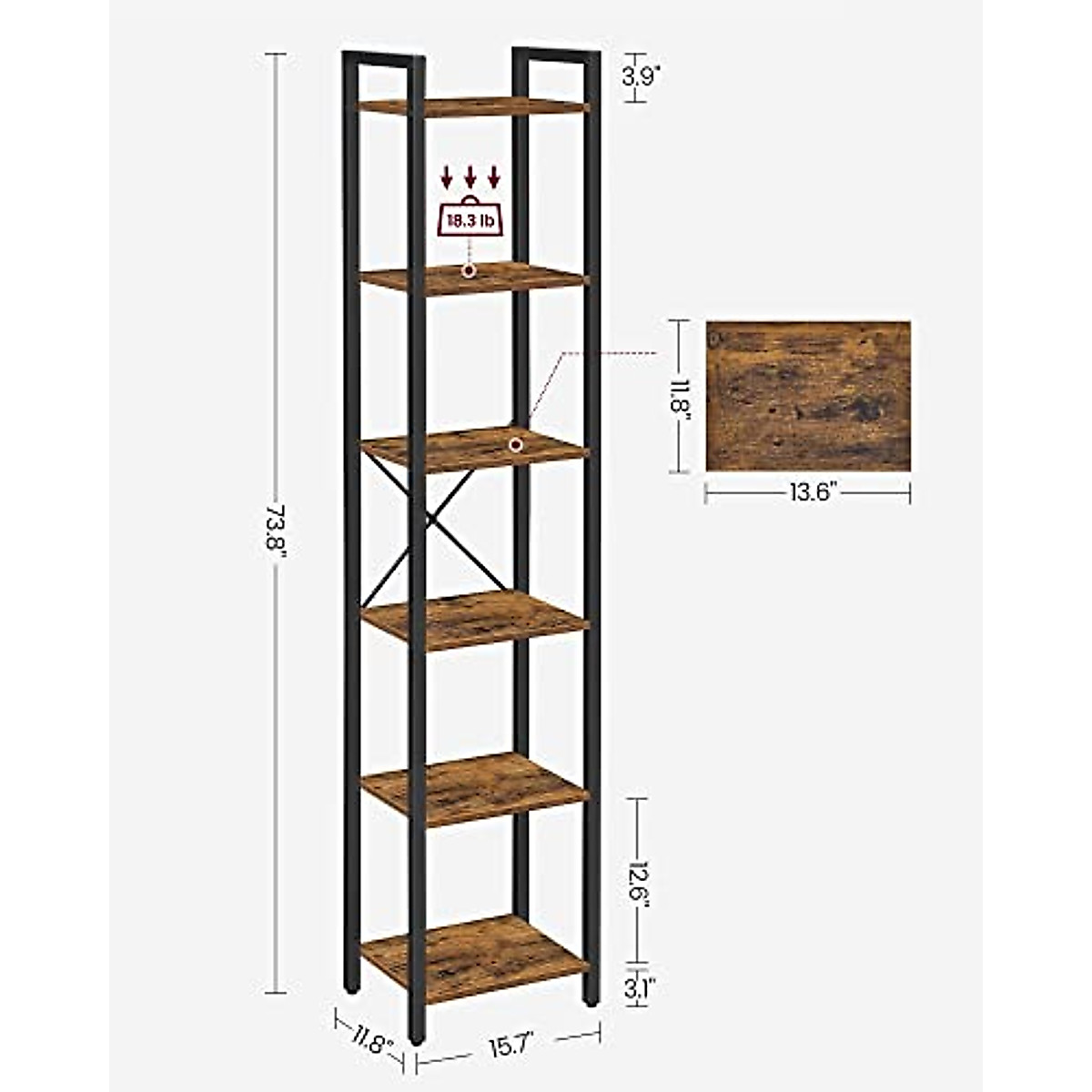 VASAGLE 6-Tier Tall Bookshelf, Narrow Bookcase with Steel Frame, Skinny Book Shelf for Living Room, Home Office, Study, 11.8 x 15.7 x 73.8 Inches, Industrial Style, Rustic Brown and Black ULLS101B01