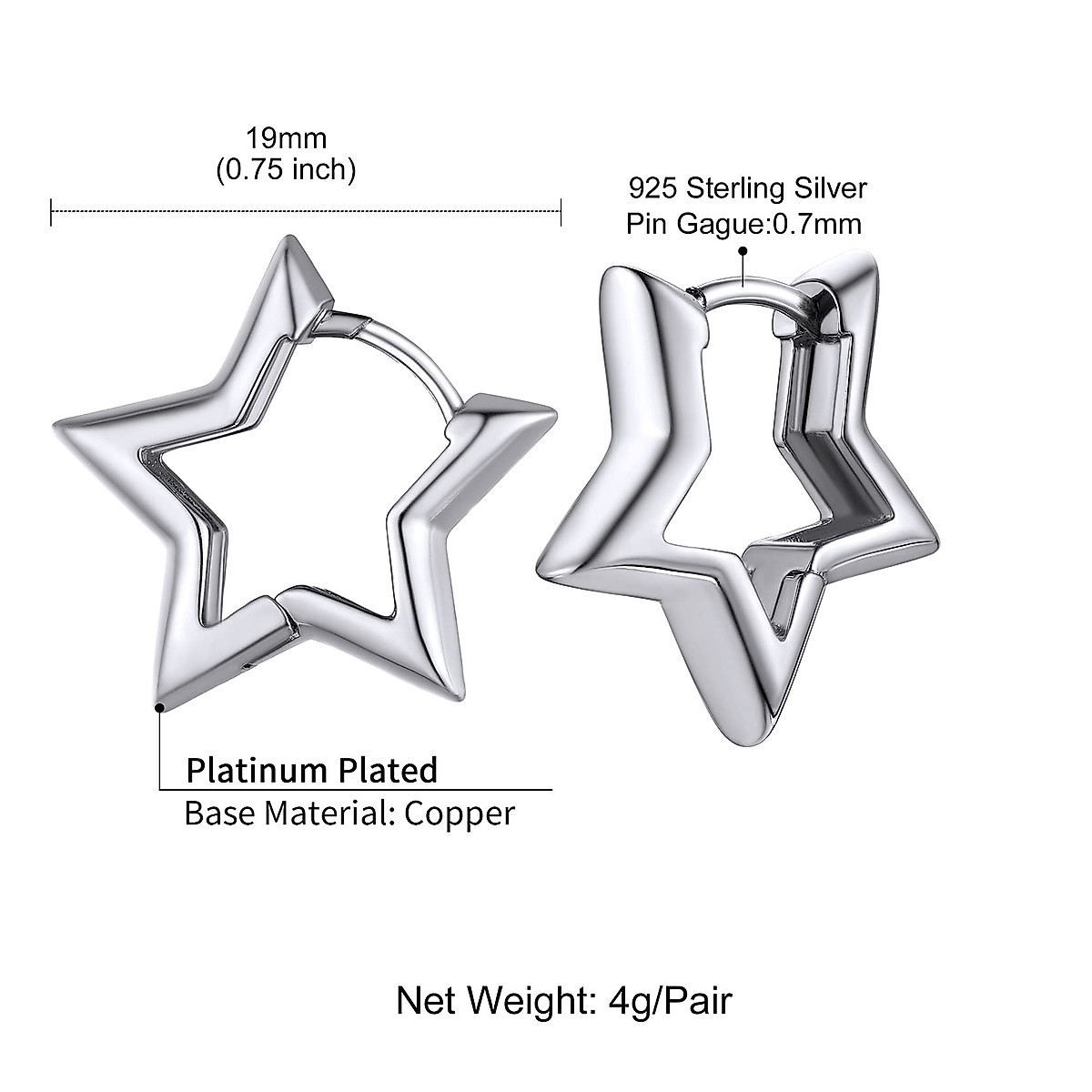 Star Hoop Earrings Small,19mm Platinum Plated Silver Thick Hoop Cartilage Endless Tiny Star Huggie Hugger Earrings Geometric Jewelry