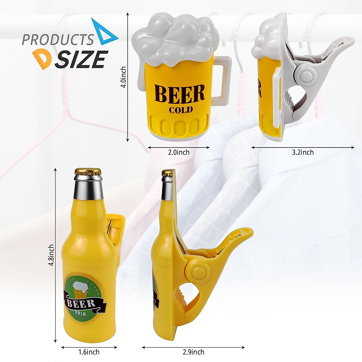 Beach Towel Clips for Chair Secure Clips for Beach Chairs Jumbo Size Plastic Clothes Pegs for Pool Lounger (2Pcs Beer Mug and 2Pcs Beer Bottle)