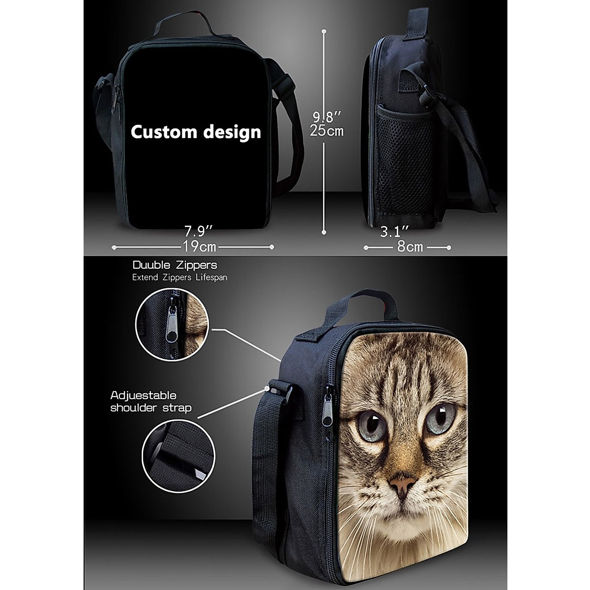 Denim Cat Insulated Lunch Box Girls Cute 3D Animal Lunch Bag for Kids Cooler Bag