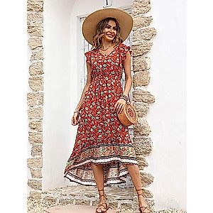 PRETTYGARDEN Long Dress for Women Cap Sleeves V Neck Summer Floral Beach Maxi Dresses Red