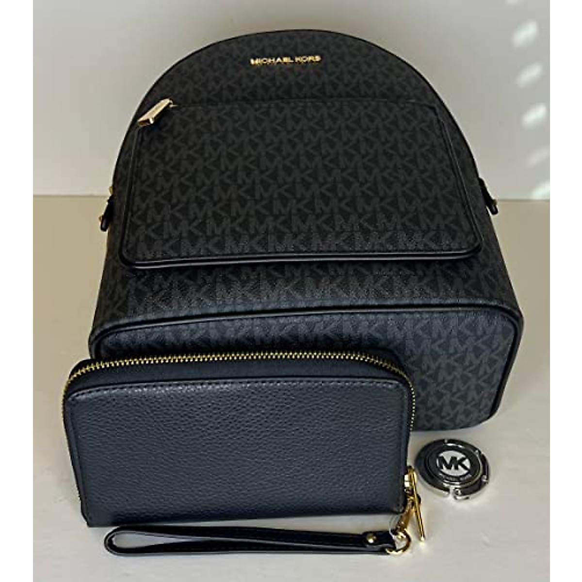 Michael Kors MICHAEL Michael Kors Adina MD Backpack bundled with matching LG Flat MF Phone Wallet Purse Hook (Signature MK Black)