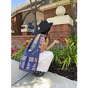 Navy Blue Cross Body Shoulder Bag with Woven Tribal Accent Design Large