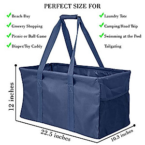 Lucazzi Extra Large Utility Tote Bag - Oversized Collapsible Reusable Wire Frame Rectangular Canvas Basket With Two Exterior Pockets For Beach, Pool, Laundry, Car Trunk, Storage - Navy Blue