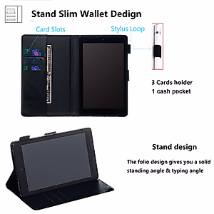 UUcovers Smart Cover for 8" Amazon Kindle Fire HD 8 Tablet 2018/2017/2016 Case 8th/7th/6th Generation with Pencil Holder, PU Leather Magnetic Folio Stand Card Wallet [Auto Wake/Sleep], Black Rose
