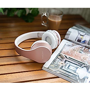 PowerLocus Wireless Bluetooth Over-Ear Stereo Foldable Headphones, Wired Headsets with Built-in Microphone for iPhone, Samsung, LG, iPad (Rose Gold)