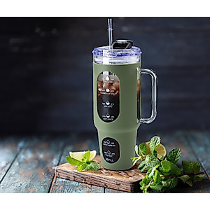 Zibtes 40 oz Glass Tumbler with Lid and Straws, Motivational Water Bottle with Time Marker and Silicone Protective Cover, Iced Coffee Cup with Handle,(Army Green)