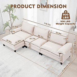 WOTSTA 118" Convertible Sectional Sofa, Cloud Couch Deep Seat Sofa, L Shap Sofa Couch with Ottoman, Modern Sectional Couches for Living Room, Apartment, Studio, Beige