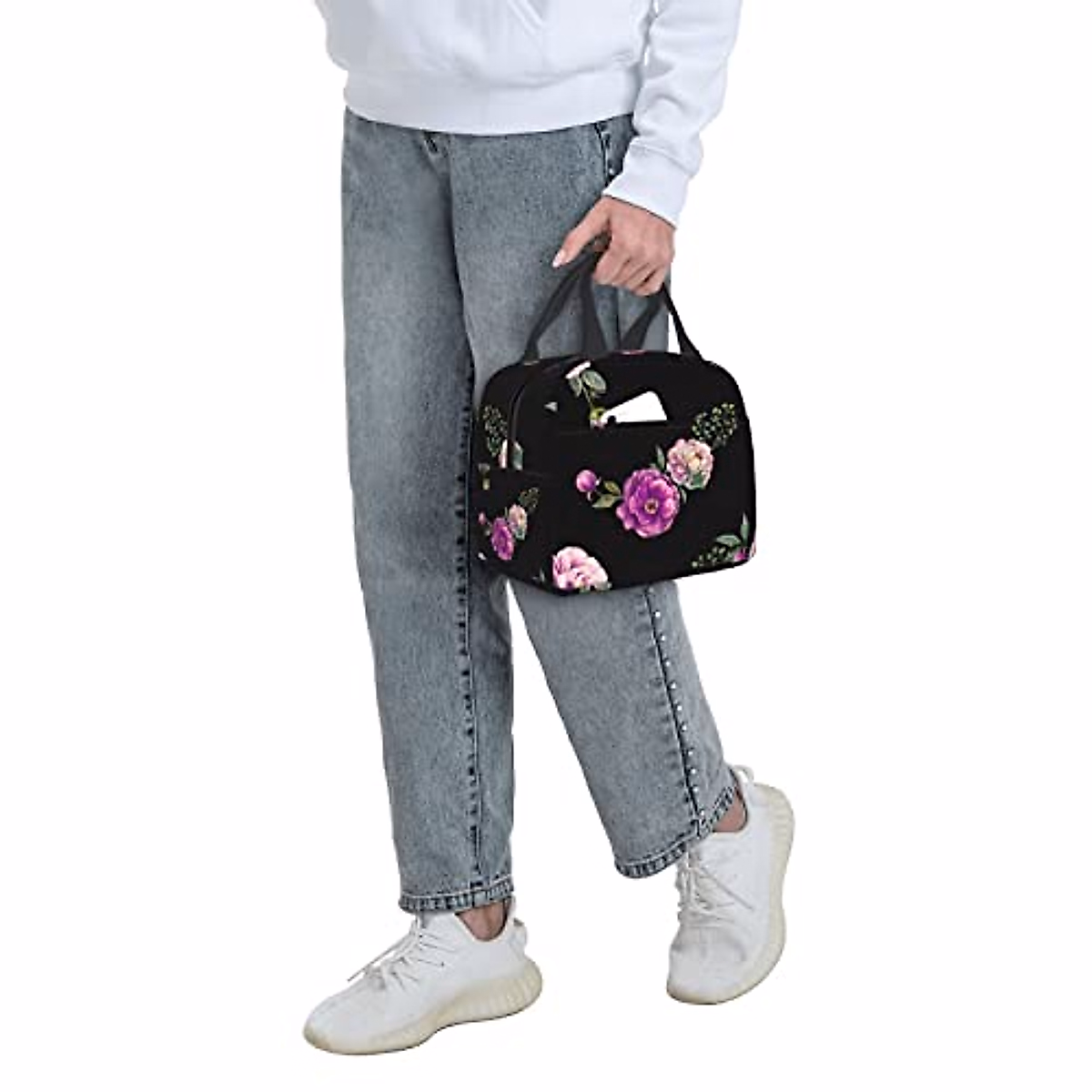 Reusable Lunch Tote Bag Watercolor Purple Floral Roses Insulated Lunch Bag Durable Cooler Lunch Box