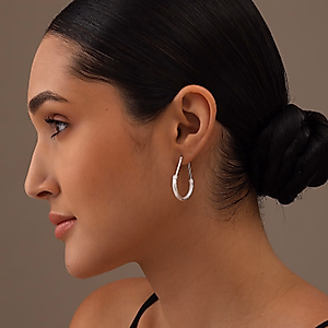 LeCalla Sterling Silver Hoop Earrings Classic Diamond-Cut Italian Design Textured High-Polish Oval Hoops Earring for Women 35mm