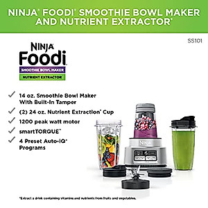 Ninja SS101 Foodi Smoothie Maker & Nutrient Extractor* 1200 WP, 6 Functions Smoothies, Extractions*, Spreads, smartTORQUE, 14-oz. Smoothie Maker, (2) To-Go Cups & Lids, Silver