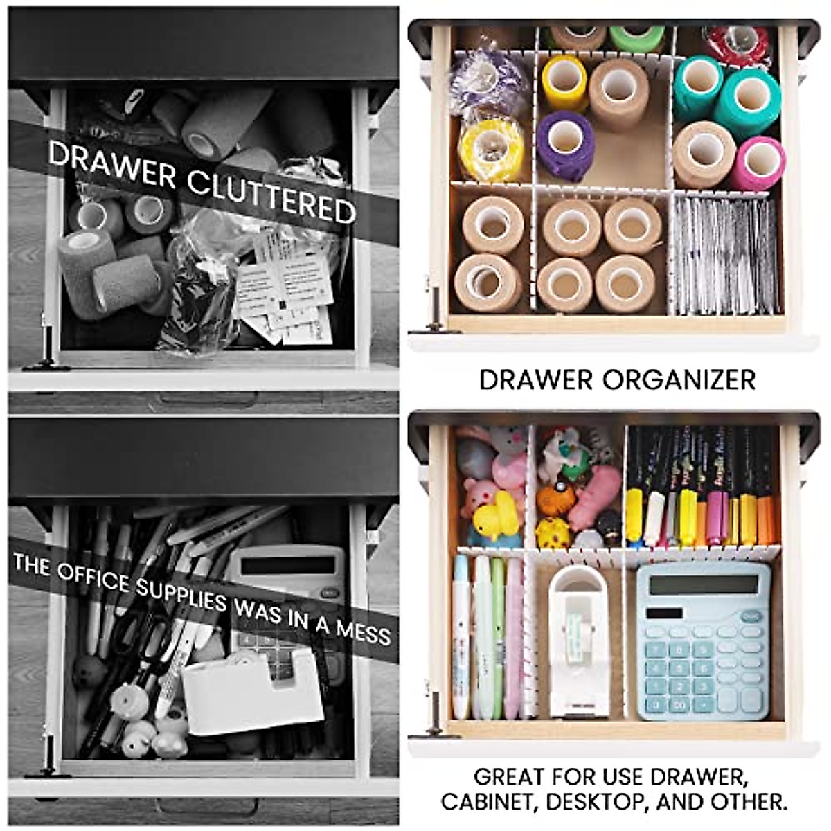 NiHome 8PCS Adjustable Drawer Divider Set, 12.6"x2.75" Flexible Plastic Drawer Organizer Grid for Socks, Underwear, Makeup, Stationary Storage, Home Kitchen Bedroom Dresser Office Desk (White)