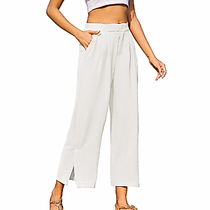 Poplab Wide Leg Petite Pants for Women Casual Flowy Elastic High Waist Capri Trousers with Pockets White, S