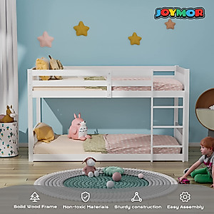 JOYMOR Solid Wood Low Twin Over Twin Bunk Bed for Kids/Toddlers/Junior, Bunk Bed Frame with Guardrails & Ladder for Boys Girls, No Box Spring Needed, White