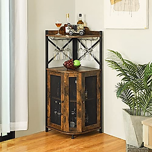 JKsmart Corner Bar Cabinet with Glass Holder,Industrial Wine Cabinet with Mesh Door,Wine Bar Cabinet with Adjustable Shelf,Home Bar for Liquor and Wine Storage,Rustic Brown