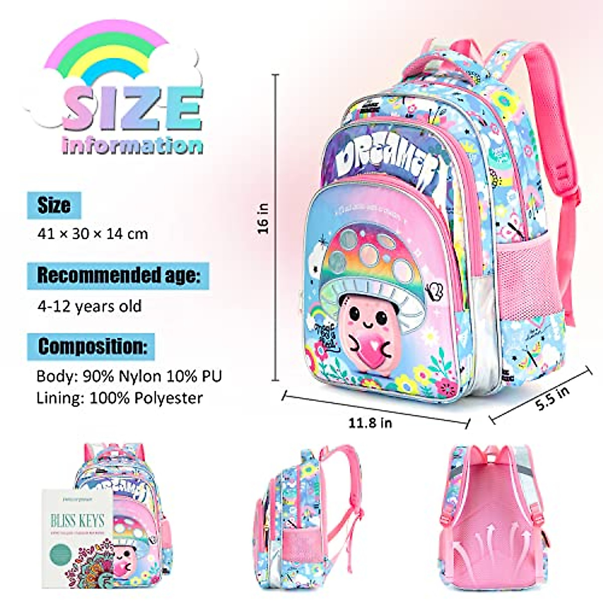 Robhomily Mushroom Girls Backpack with Lunch Box for Elementary School