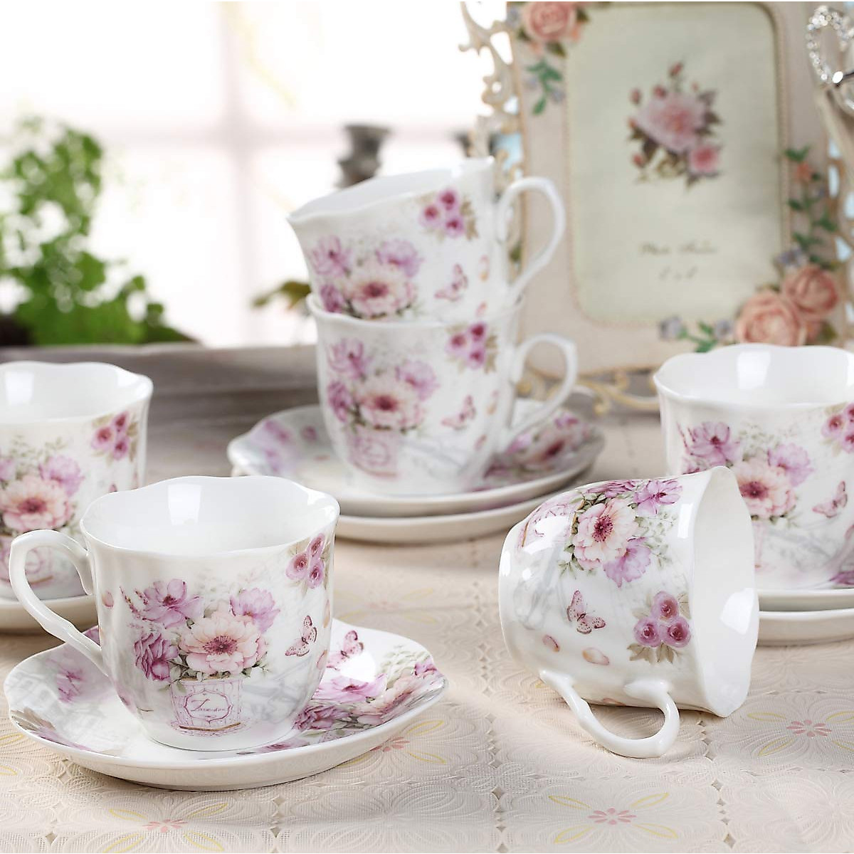 GuangYang China Tea Cups and Saucers Set of 6-7ounce/200ml - Tea Gift Sets for Adults - Purple Floral Porcelain TeaCup with Saucer for Tea Party(Total 12 Pieces)