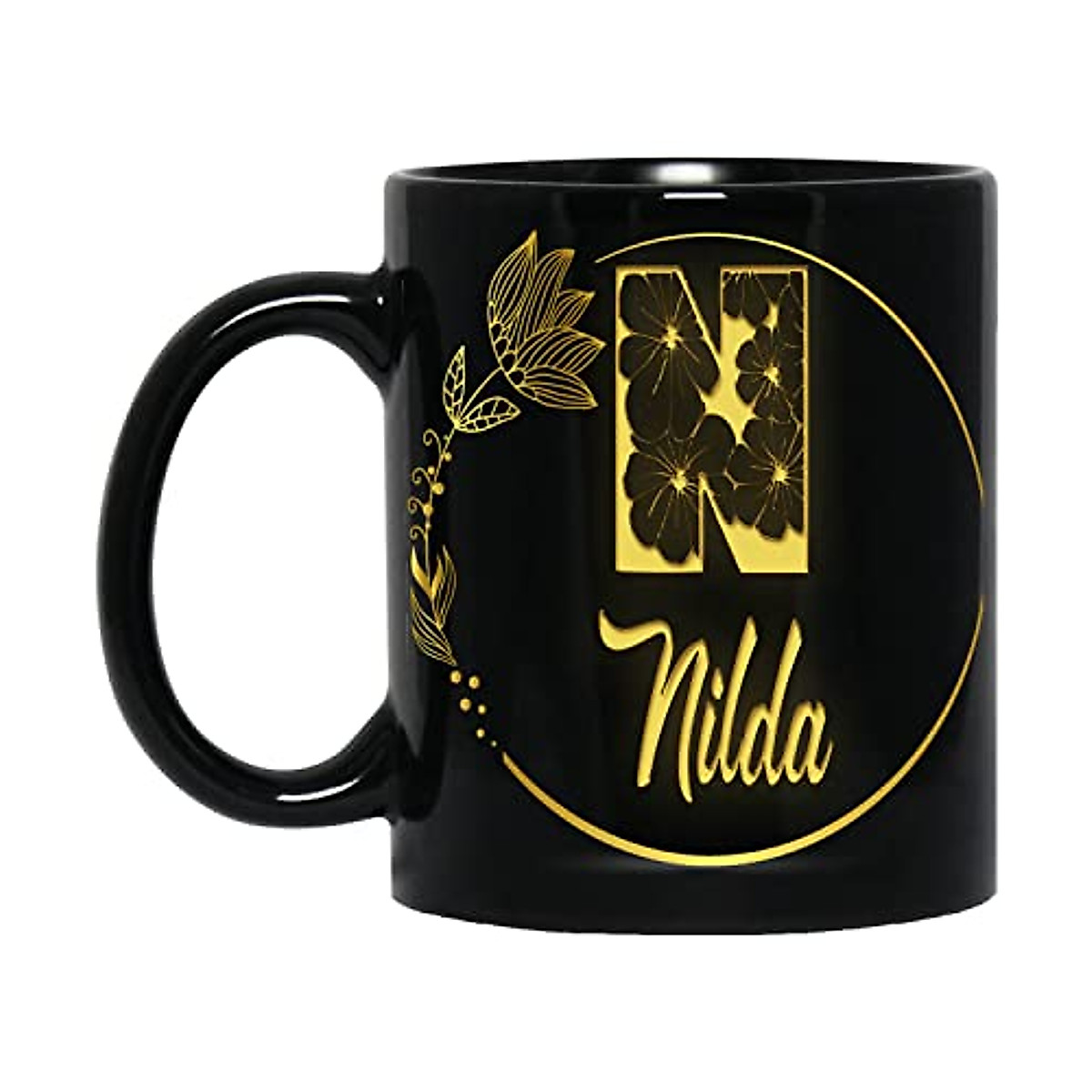 Coffee Mug Personalized Nilda Name & Initial Letter Monogram Floral Alphabet Mug Golden Flowers Custom Black Coffee Cup, Gift for Her Mom Coworker Sister, Wife, Girl 11oz Black Mug 656743