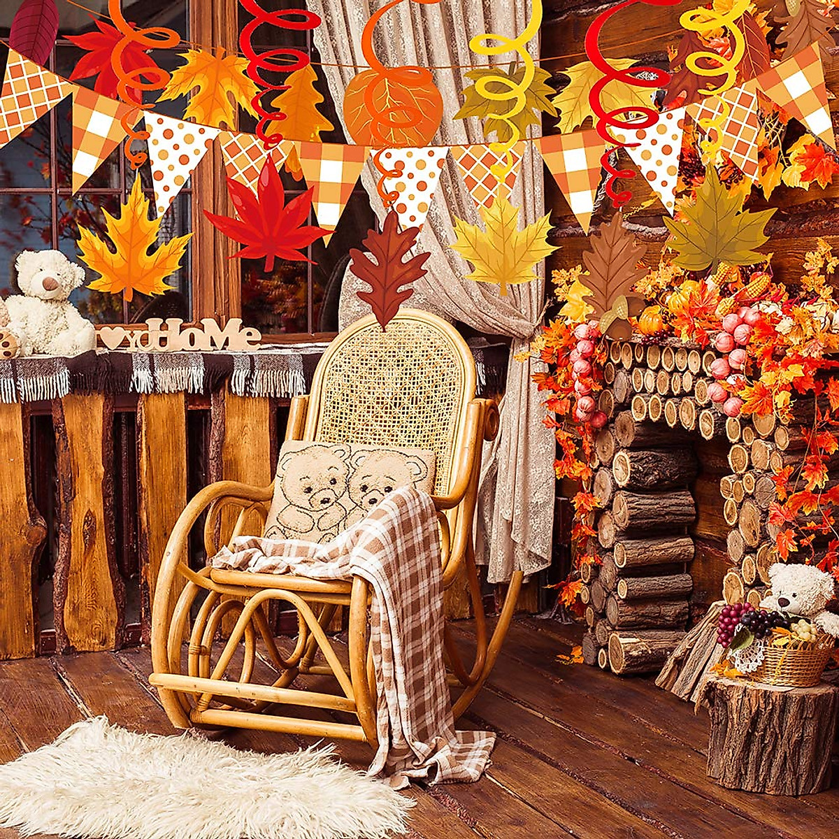 Supla 40 Pack Fall Party Decorations Set – Includes Autumn Hanging Paper Fans Pom Poms Fall Maple Leaves Party Swirls Streamers Fall Banner Backdrop Garland String for Thanksgiving Wedding Birthday