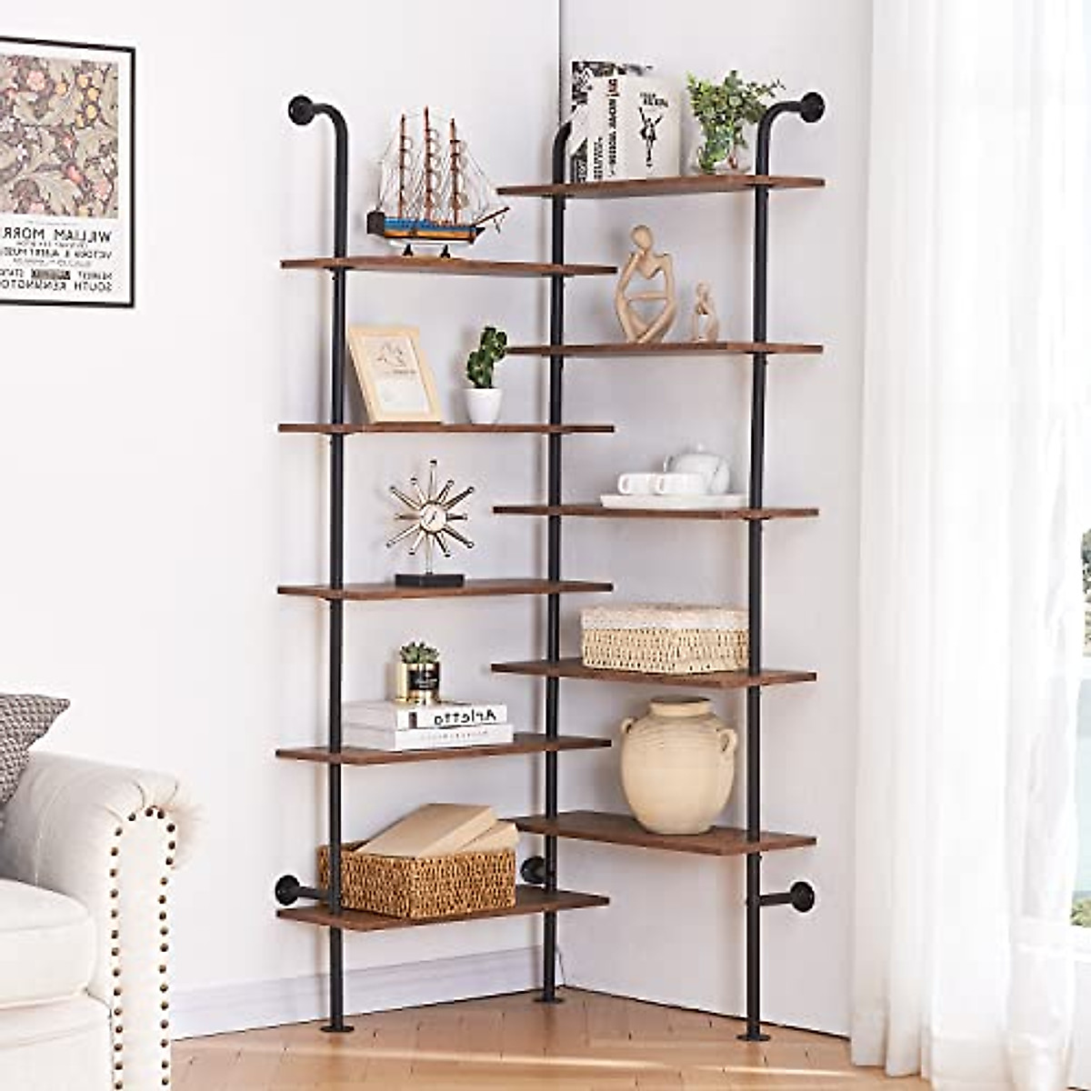 HOMBAZAAR Bookshelf,10-Tier L Shaped, Industrial Double Wide Wall Mount, Modern Bookcase with Metal Frame and Wood, Industrial Corner Pipe Shelf for Living Room and Office, Brown