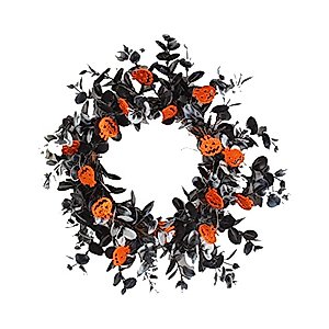 Halloween Floral Wreath Hangers, 11.81inch 35cm Round Artificial Leaf and Branch Pumpkin Cards Garland for Inside Outside, Farmhouse, Porch Wall or Window Decor Sign Front Door Decoration