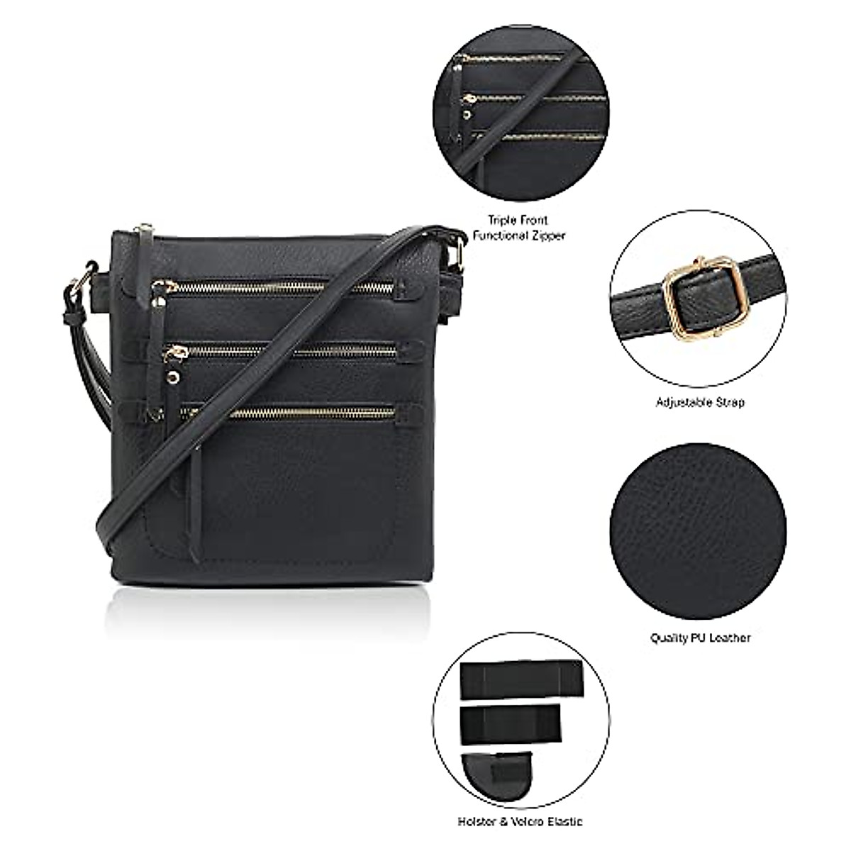 Double Compartment Multi-Zipper Triple Zip Pockets Concealed Carry Crossbody Bag with Lock and Key | Black