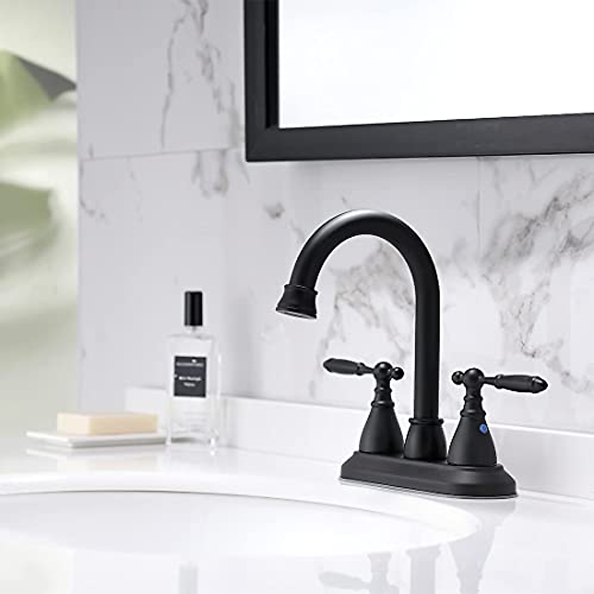 BRAVEBAR 4 Inch Bathroom Sink Faucet Black - 2 Handle Centerset Bathroom Faucets | 360° Swivel Spout Vintage Vanity Faucet Bathroom with Pop-up Drain Assembly and Water Supply Hoses Matte Black