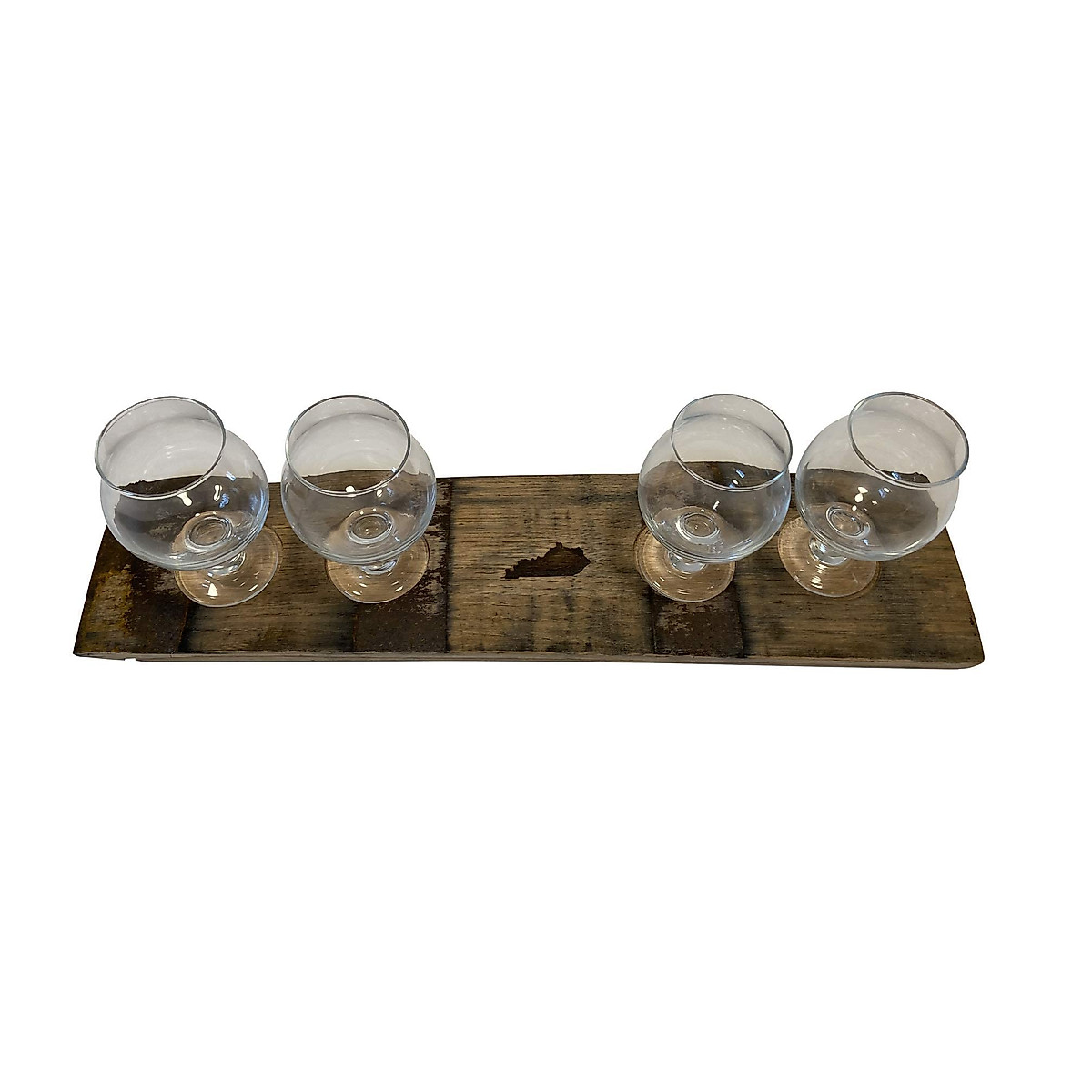 Bourbon Barrel Stave Flight Board With Four Snifter Glasses