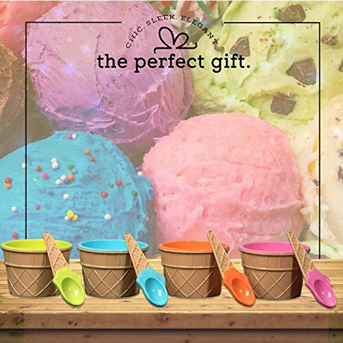 Hammont Ice Cream Bowls and Spoons - Reusable Dessert Bowls and Spoons Set, Durable Plastic Bowls for Party Favor | 4 Bowls and 4 Matching Spoons (Orange, Pink, Light Green, Sky Blue)