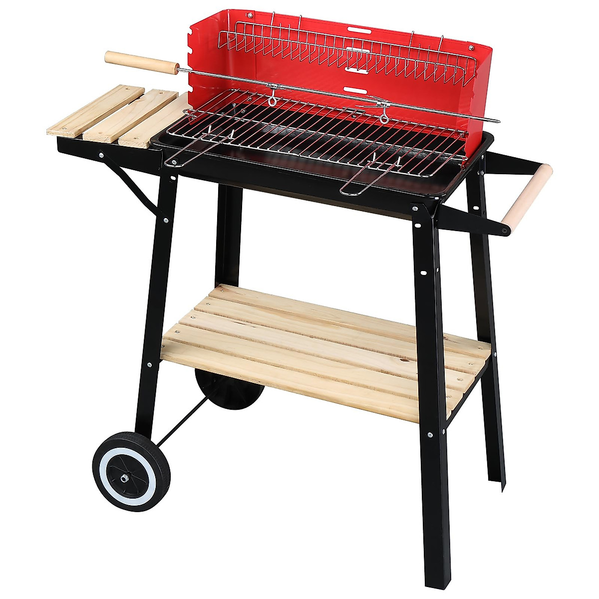 Charcoal BBQ Grill Medium Barbecue Box Grill with Side-tables and Wheels. Four Legs With Wheels Square Enamel Charcoal Oven Black Red